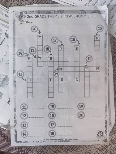 2nd Grade Theme 2: Classroom Life - Crossword Puzzle Answers - Sorumatik