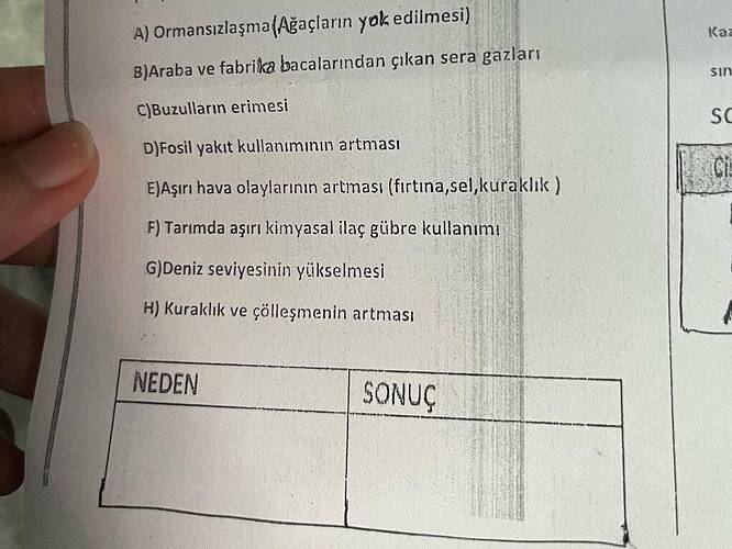 B)Araba ve fabrika bacalarından çıkan sera gazları c)Buzulların erimesi ...