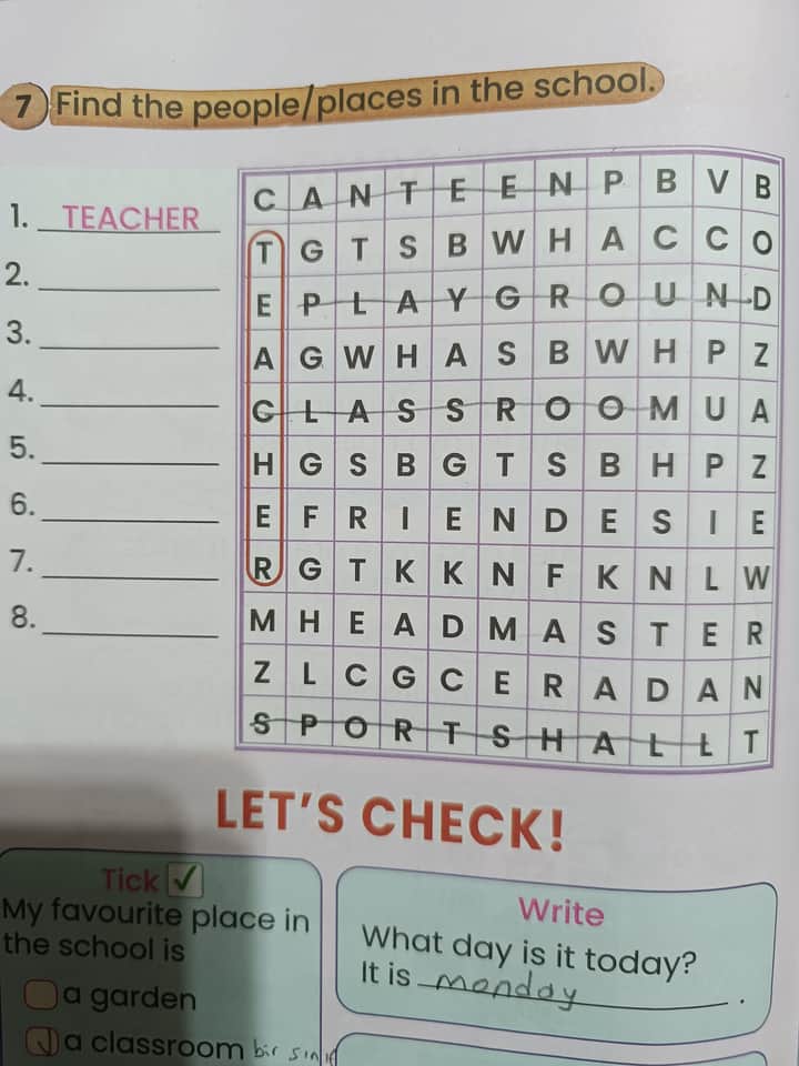 Find the people/places in the school (Word Search Answer Key) - Sorumatik