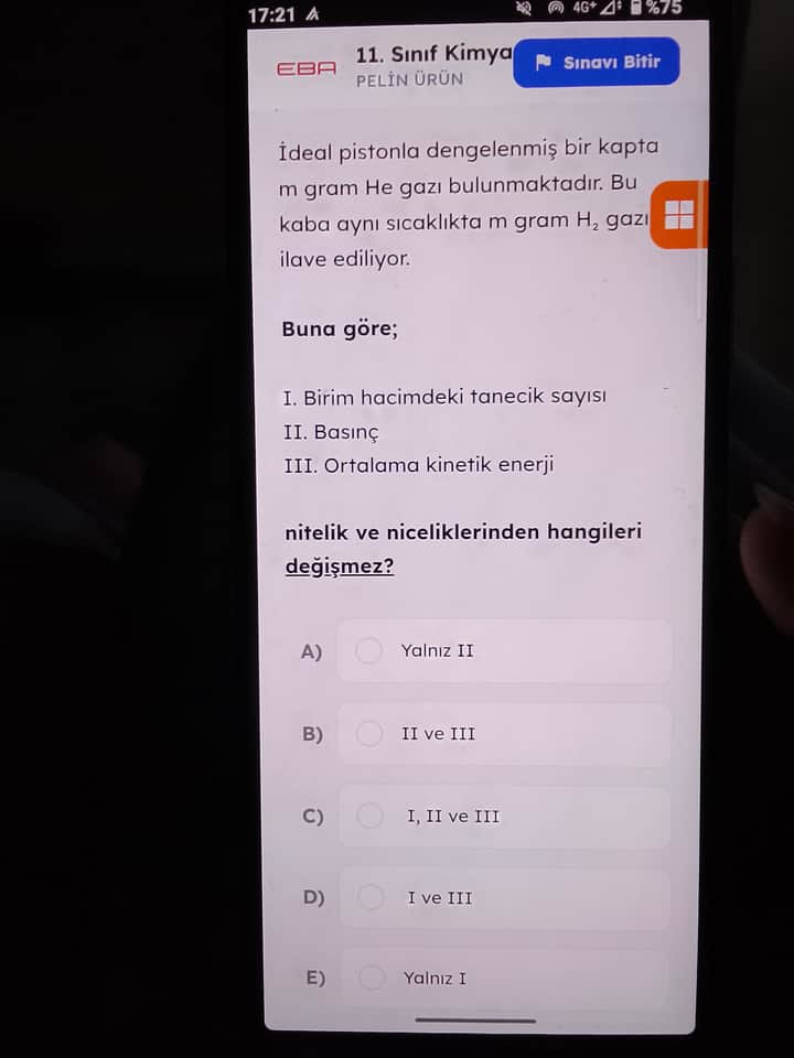 İdeal pistonlu kapta m gram He’ye m gram H₂ eklenmesi durumunda ...