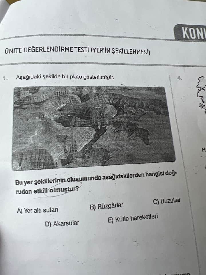 Soru: Aşağıdaki şekilde bir plato gösterilmiştir. Bu yer şekillerinin ...