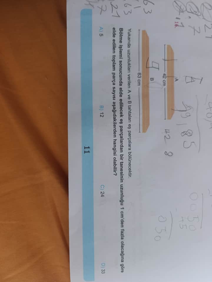 Yukarıda uzunlukları verilen A ve B tahtaları eş parçalara bölünecektir ...