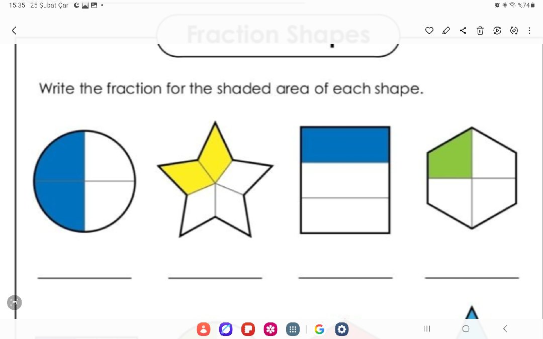 Write the fraction for the shaded area of each shape - Sorumatik